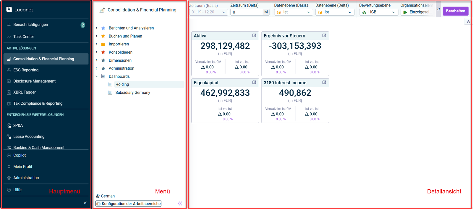 Benutzeroberfläche der Lucanet CFO Solution Platform | Lucanet Support